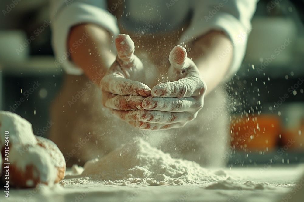 Clap hands of baker with flour in kitchen closeup, a bakery man in the ...