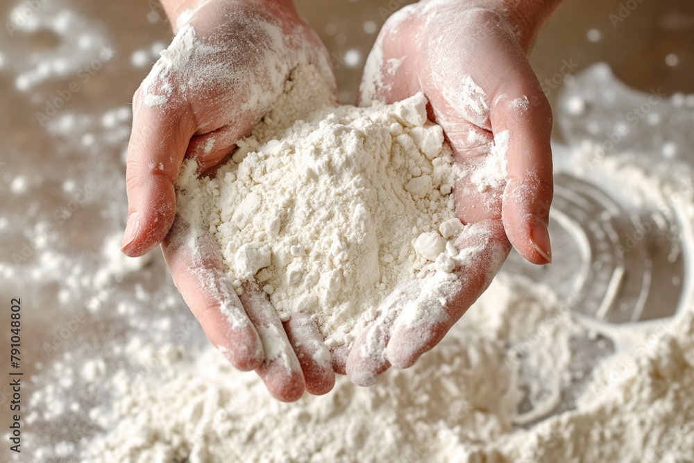 Clap hands of baker with flour in kitchen closeup, a bakery man in the ...
