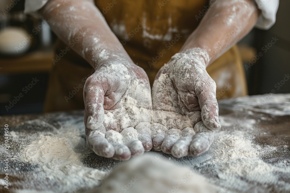 Clap hands of baker with flour in kitchen closeup, a bakery man in the ...