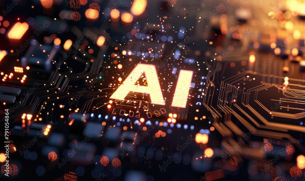 Advanced technology concept with glowing AI letters on a circuit board ...
