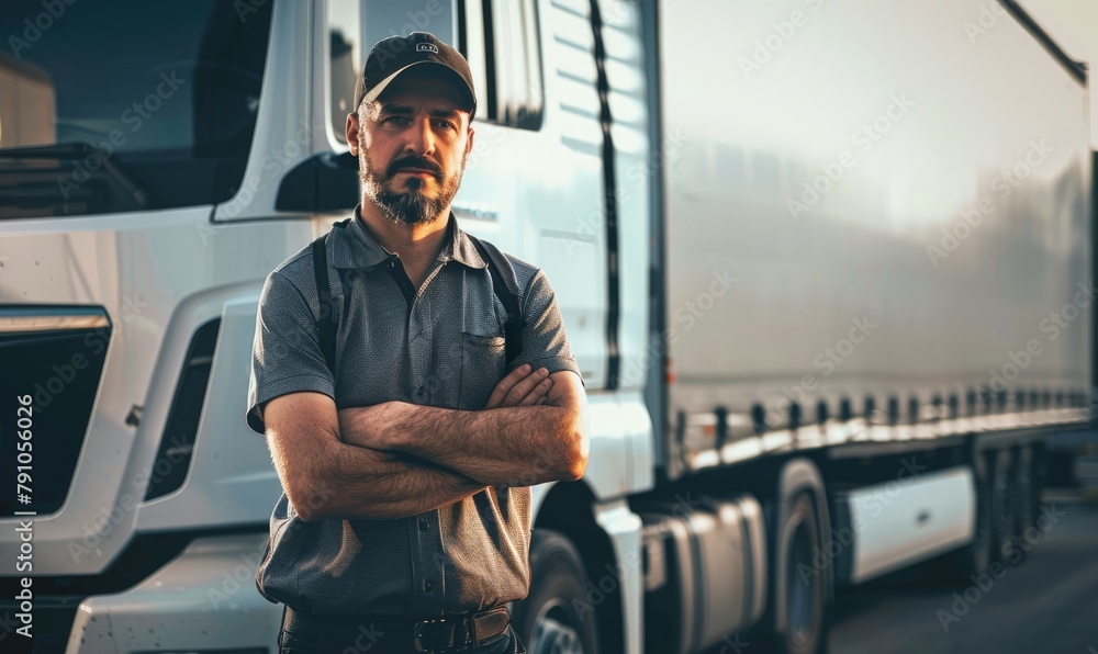 Confident male truck driver with arms crossed, standing proudly in ...