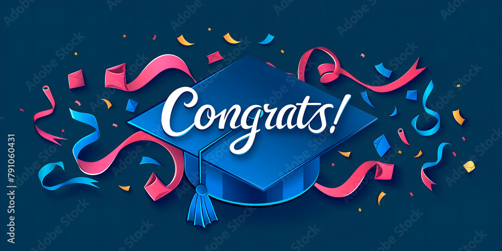 "Congrats!" greeting sign for graduation party,academic cap and diploma ...