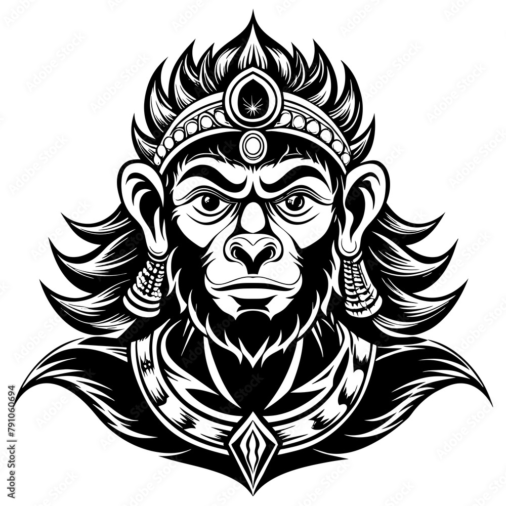 Lord hanuman ji face Indian look vector silhouette on white background ...