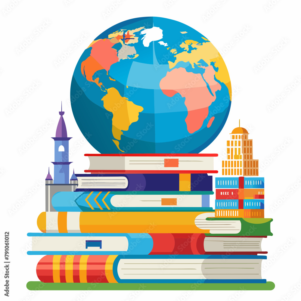 Illustrate a globe-shaped stack of colorful books, with each book spine ...