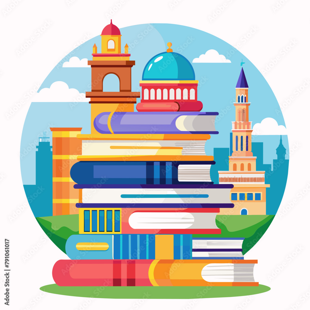 Illustrate a globe-shaped stack of colorful books, with each book spine ...