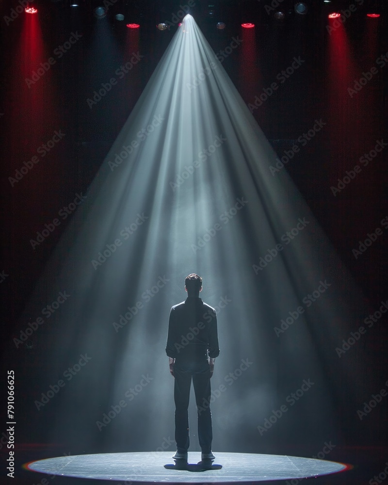 A solo performer stands on stage under a single spotlight, the audience ...
