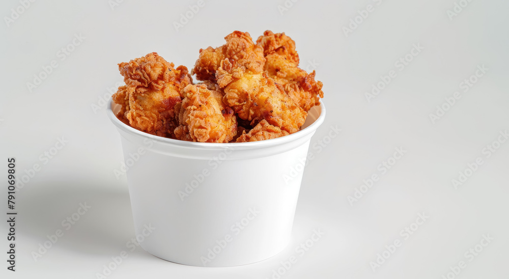 crispy fried chicken strips in a white bucket on a clean white ...