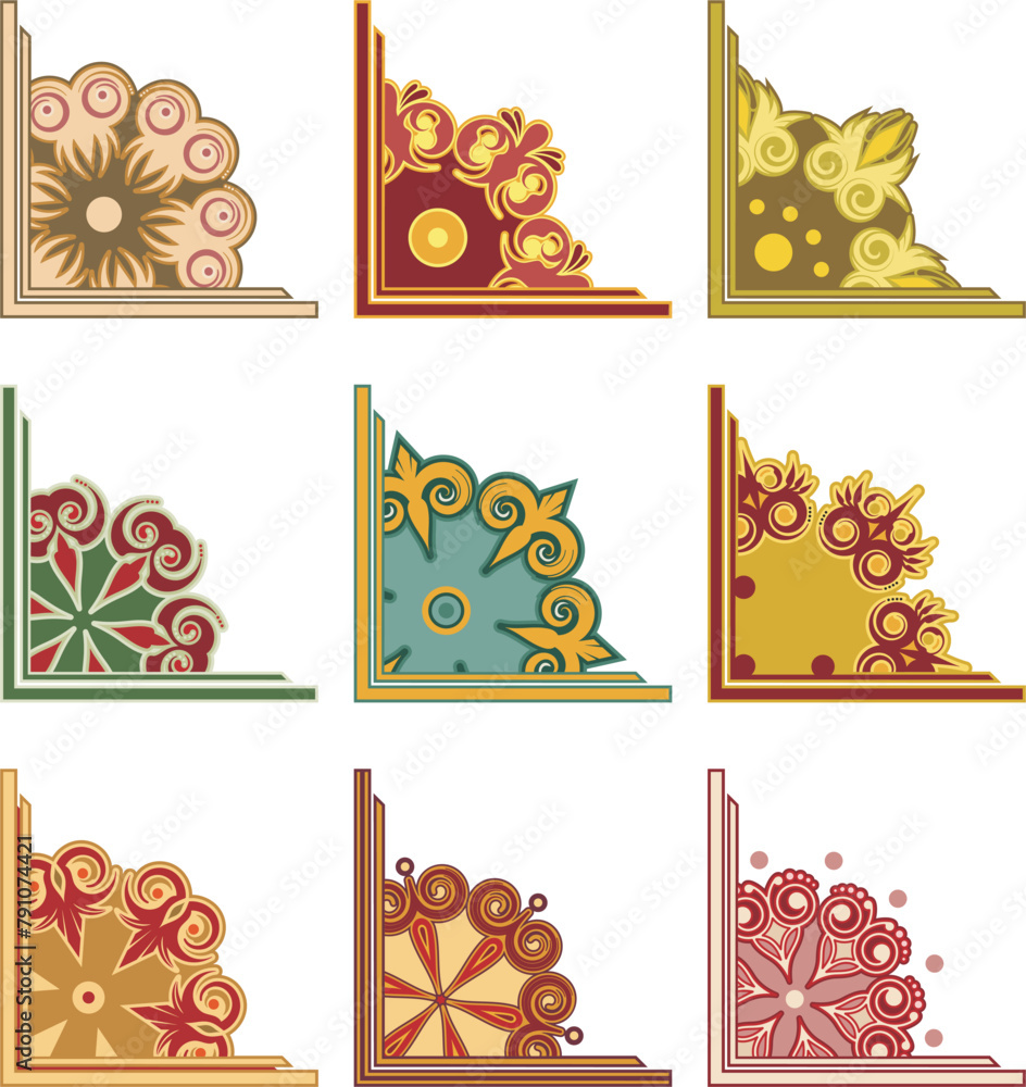 Colorful ornamental floral corner designs vector set in baroque style ...