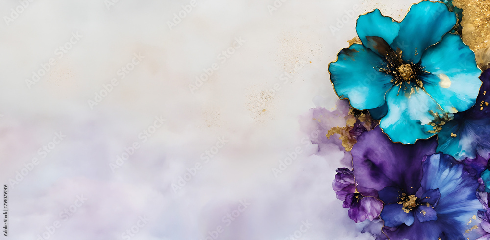 elegant blue, purple, teal flowers alcohol ink background with gold ...