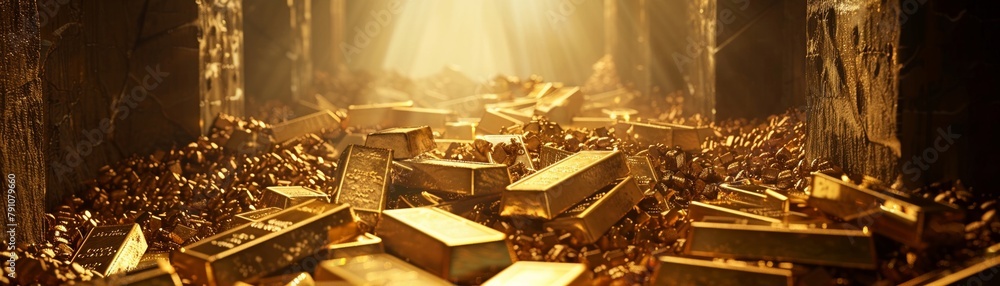 The interior of a vault overflowing with gold bars, symbolizing wealth ...