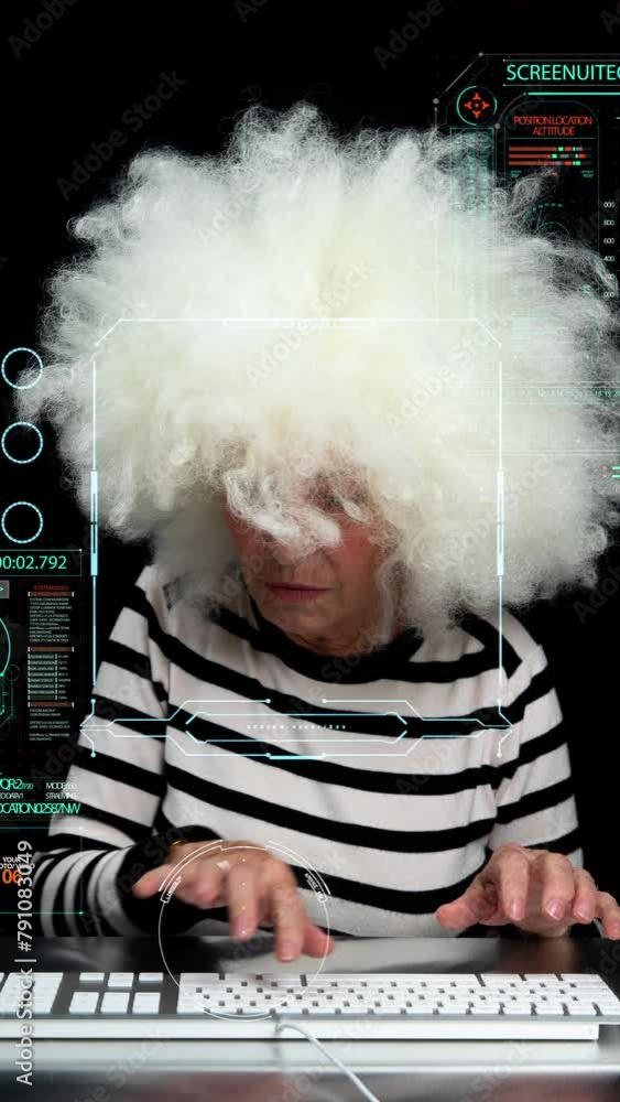 Grandma with white afro hair typing on keyboard in vertical Stock Video ...