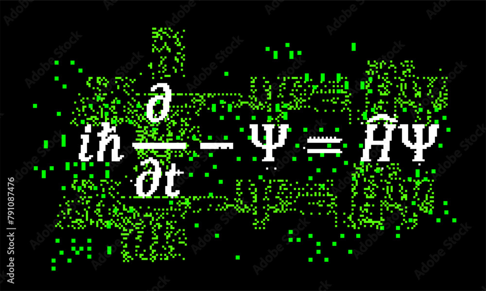 Schrodinger equation surrounded by pixel glitches and particles on a ...