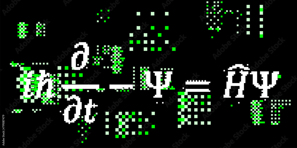 Schrodinger equation surrounded by pixel glitches and particles on a ...