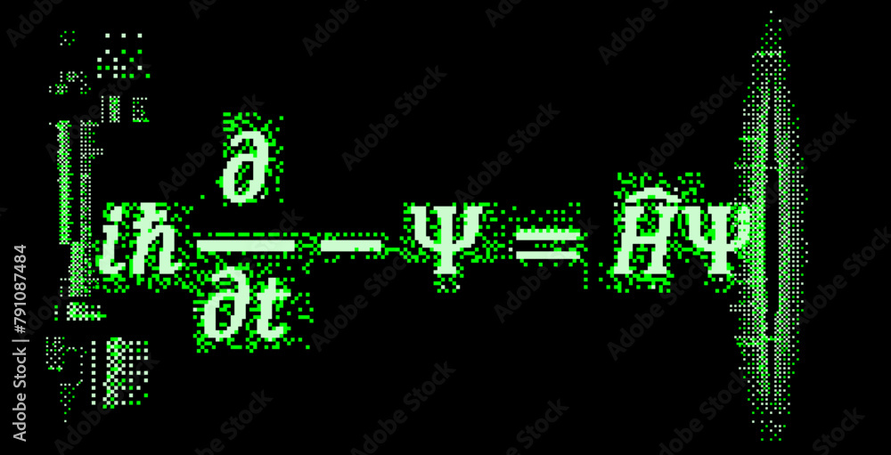 Schrodinger equation surrounded by pixel glitches and particles on a ...