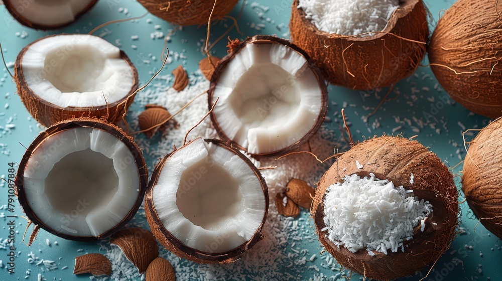 A tight shot of coconuts on a table Some are split open, revealing ...