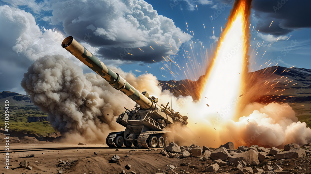 A powerful military howitzer unleashes a fiery blast. Military Howitzer Firing with Explosive ...
