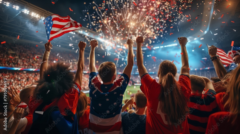 Fans with American symbols and the US flag at the stadium celebrate the ...