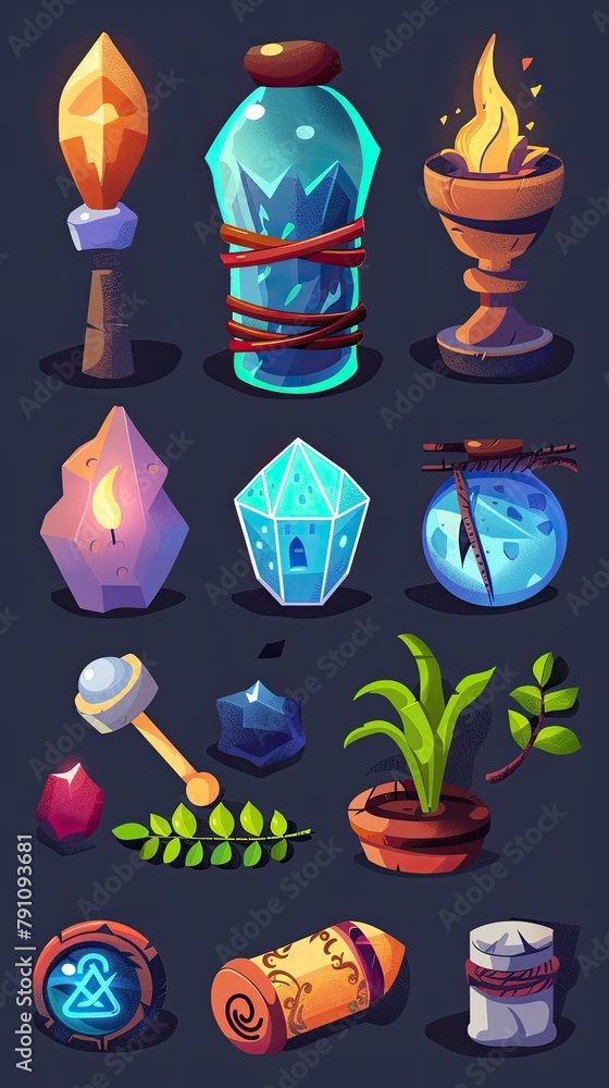 This image displays a collection of fantasy-themed objects, including ...