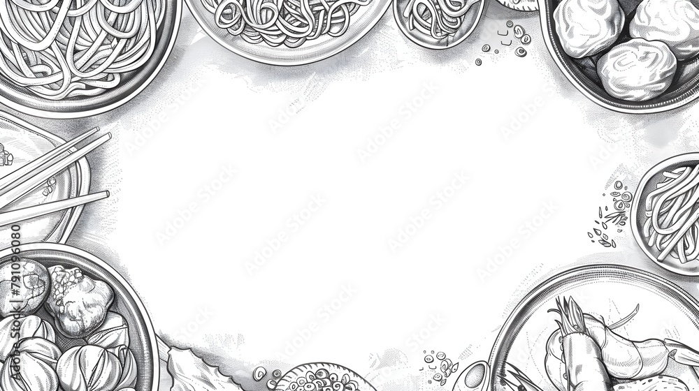 food engraved sketch. Noodle dishes top view frame. Food menu design ...