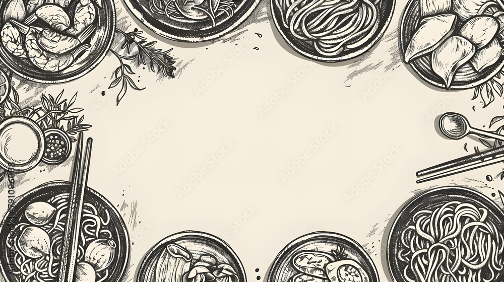 food engraved sketch. Noodle dishes top view frame. Food menu design ...