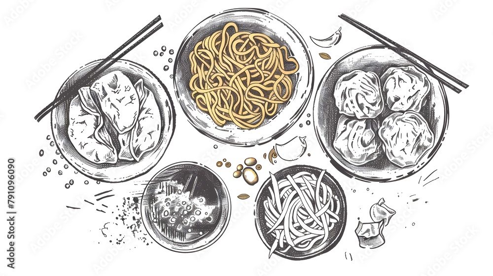 food engraved sketch. Noodle dishes top view frame. Food menu design ...