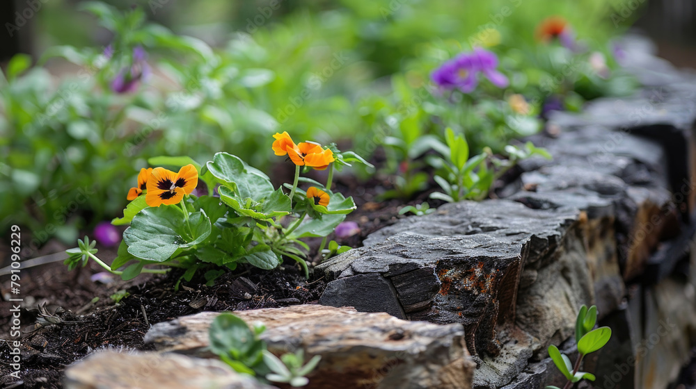 A cluster of various flowers flourishing from the crevices of a rocky ...