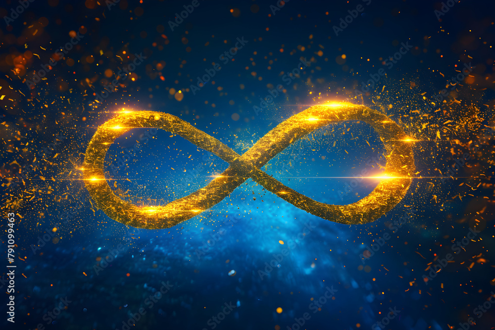Yellow infinity symbol sign with golden confetti against glowing blue ...