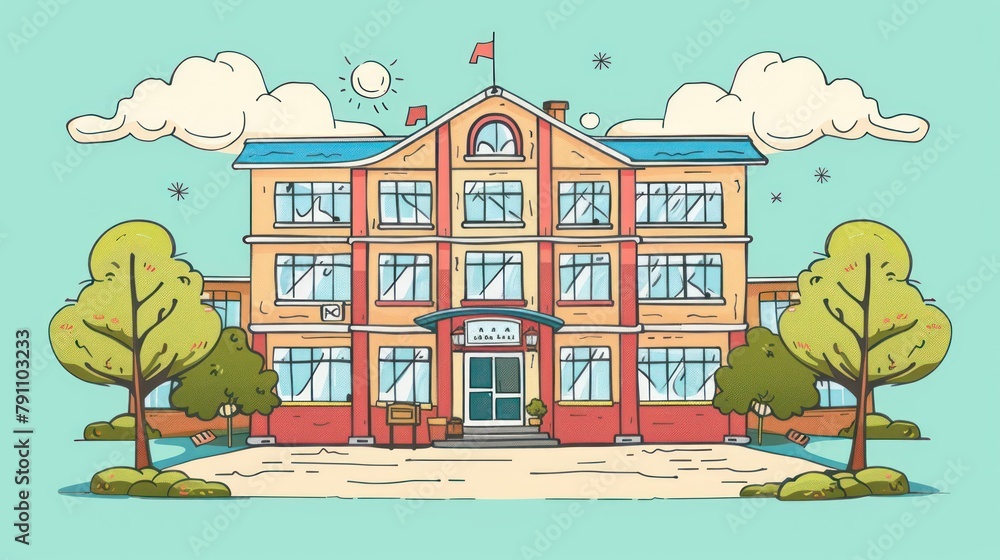 Illustration hand drawn school building cartoon on pastel color ...