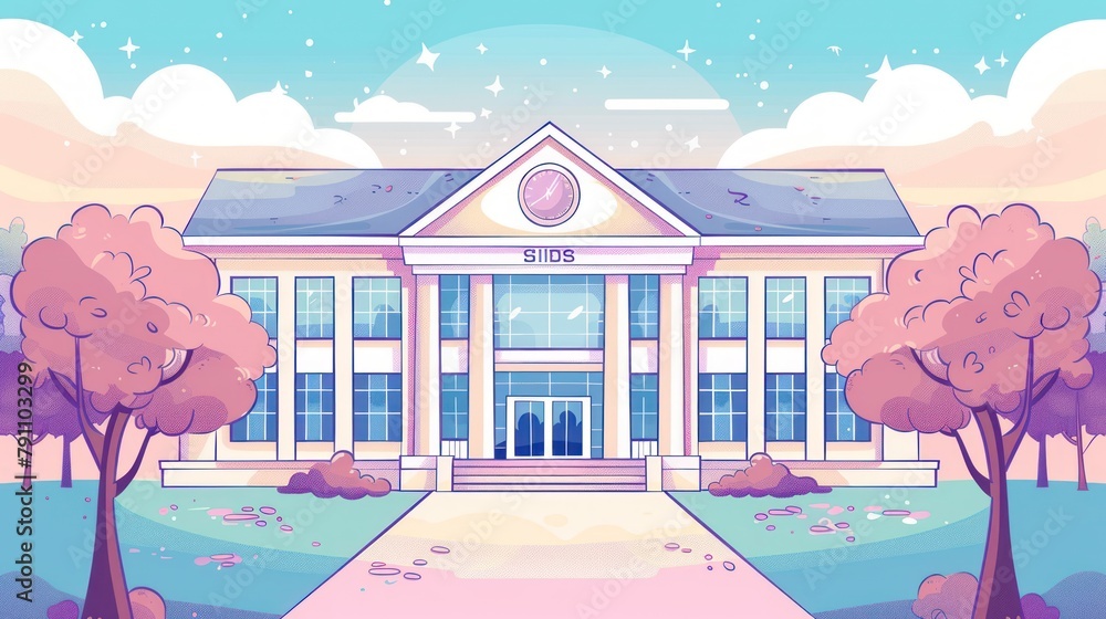 Illustration hand drawn school building cartoon on pastel color ...