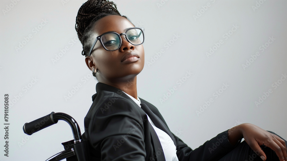 Disabled black businesswoman in wheelchair against white background ...