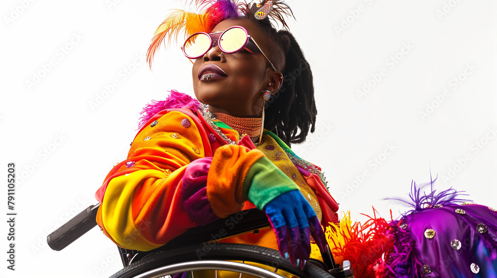 Disabled black gay drag queen in a wheelchair wearing rainbow outfit ...