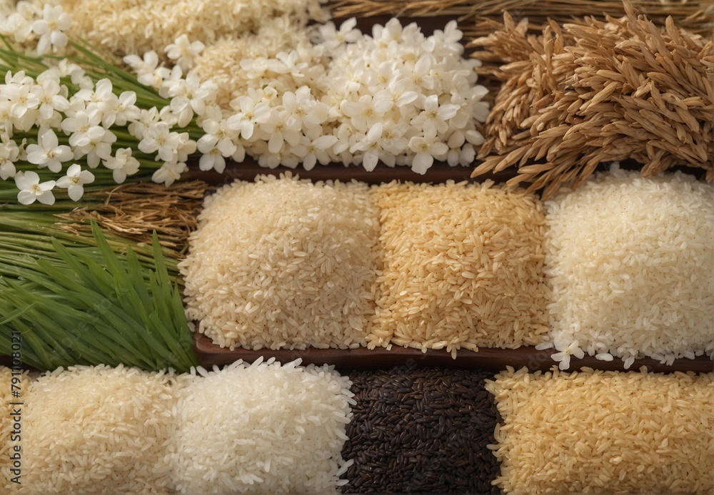 Food background with three rows of rice varieties brown rice, mixed ...