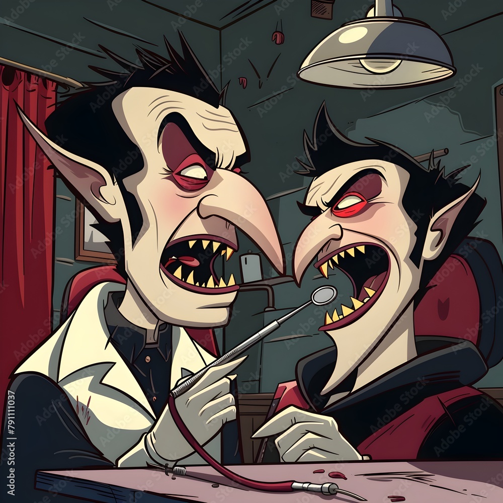 Vampire dentist taking care of a vampire patient's teeth, Generative AI ...