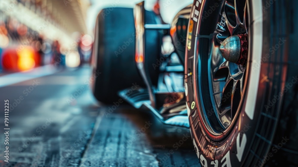 Close-up of racing car's wheel with detailed tire tread on blurred pit ...