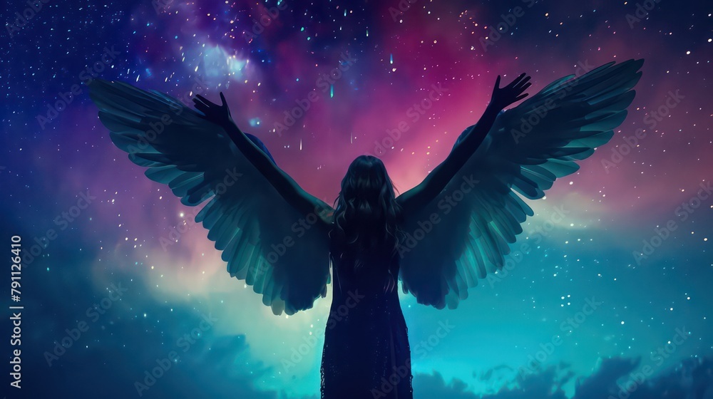 Fantasy woman angel soars in the air with white huge bird wings. Ghost ...