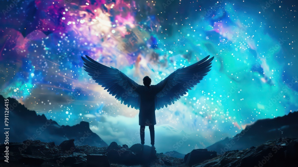 Fantasy woman angel soars in the air with white huge bird wings. Ghost ...