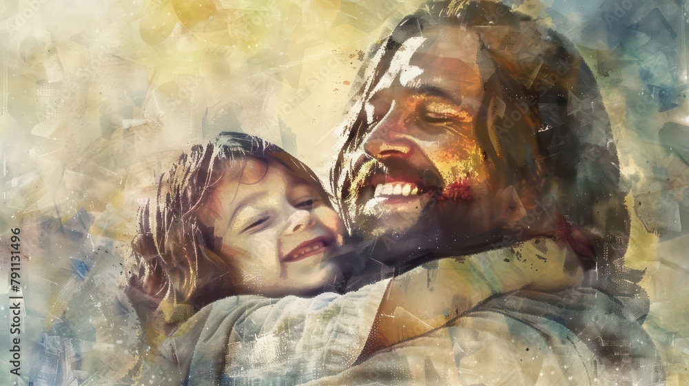 Jesus Christ with a kid in his arms, smiling. Digital watercolor ...