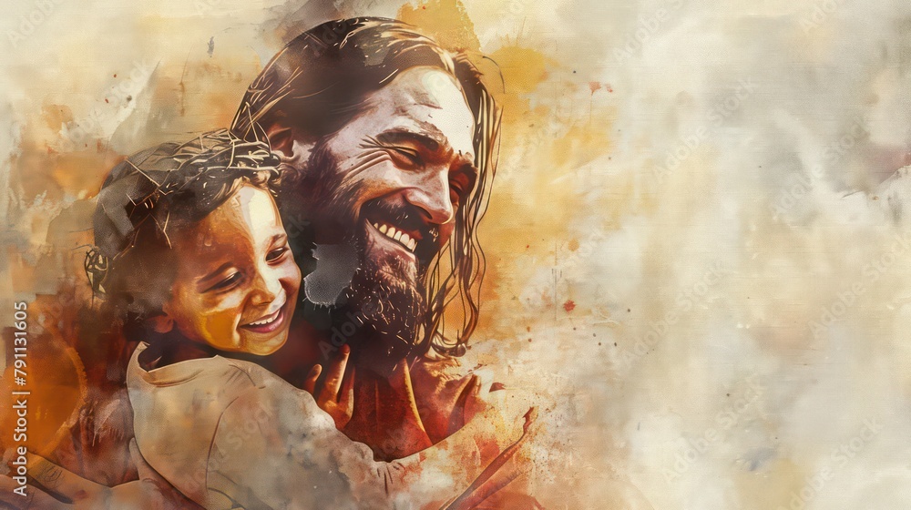 Jesus Christ with a kid in his arms, smiling. Digital watercolor ...