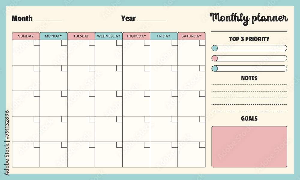 Monthly planner page with date, year, goals, notes, and top 3 ...