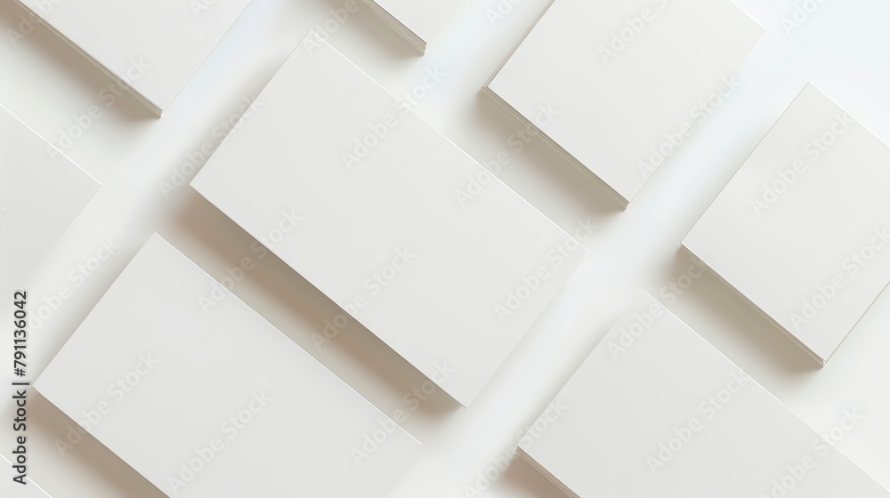 An array of plain white business cards neatly stacked against a blank ...