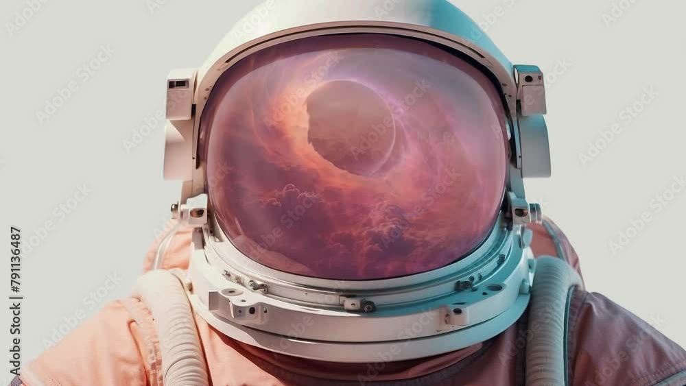 An astronaut with a reflective helmet, in which a planet is clearly ...