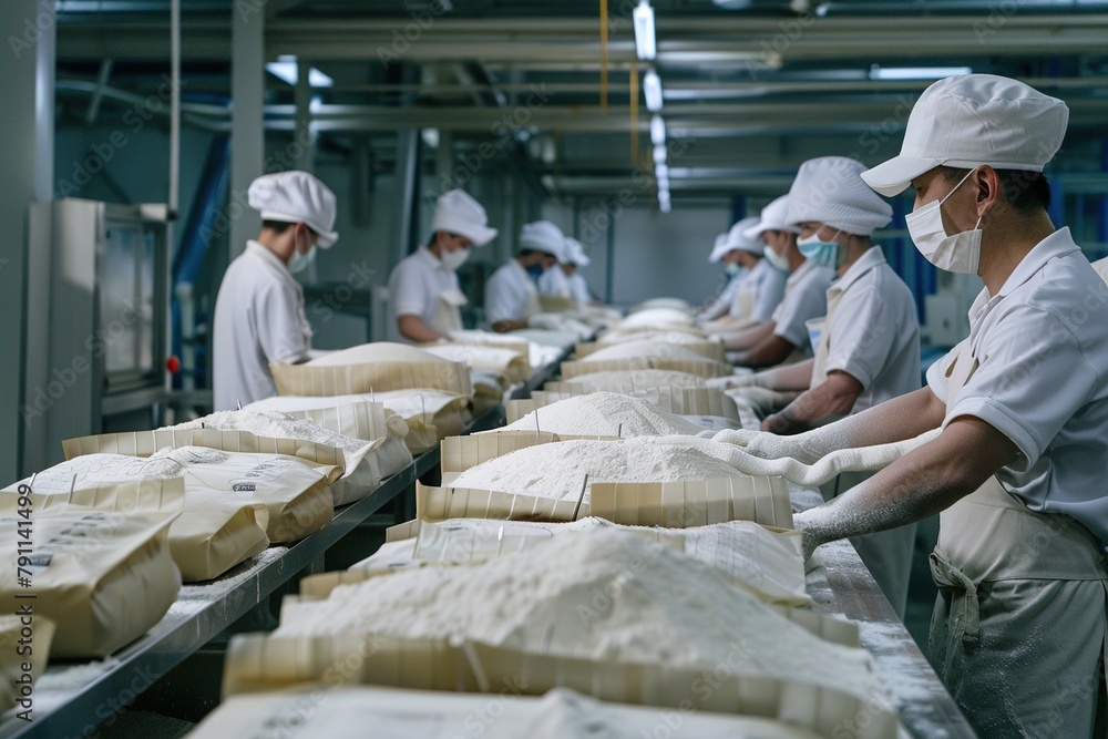 Factory workers wearing hygienic clothes. Flour factory. Workers ...