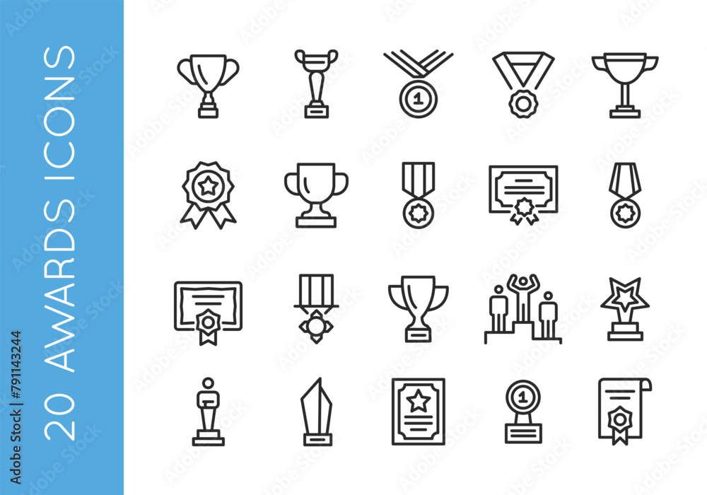 Awards icons set. Collection of 20 minimal vector icons representing ...