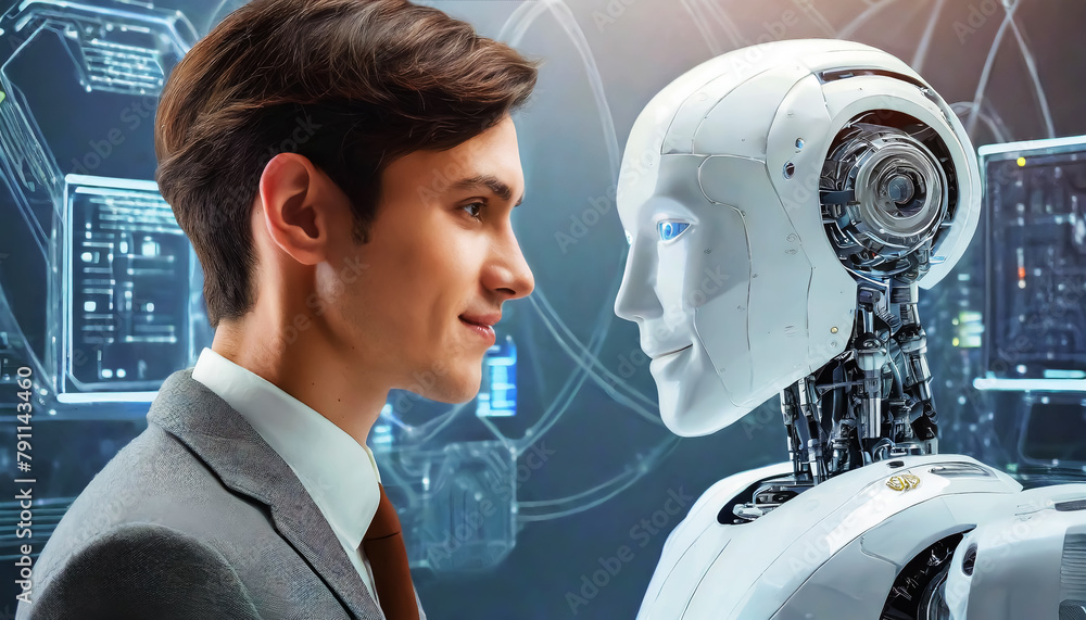 robot and human face to face, humanoid and man, AI science and ...