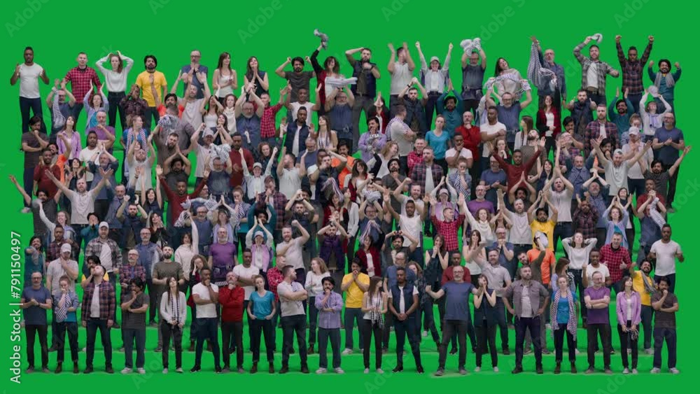 Huge crowd of supportive sports fans gesticulate and shout watching ...