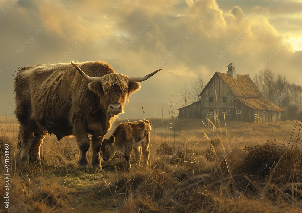 two cows standing field barn background large creatures distance father ...