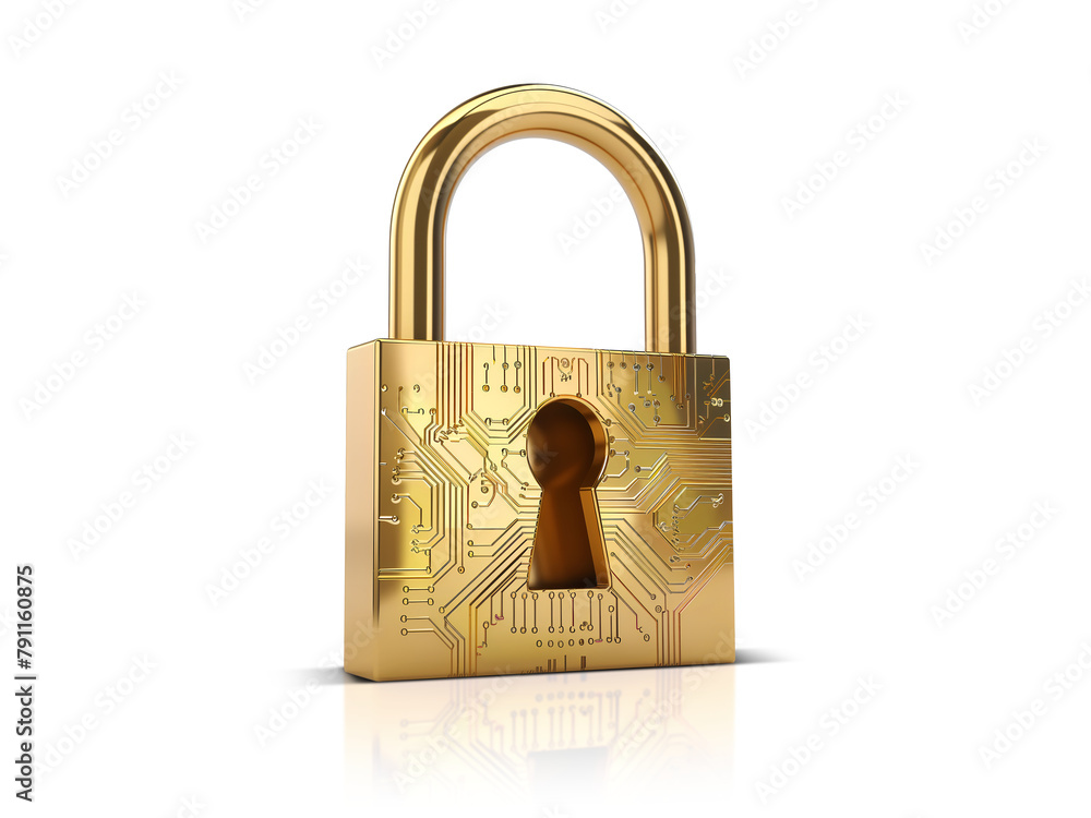Golden padlock with integrated electronic circuits, password security ...