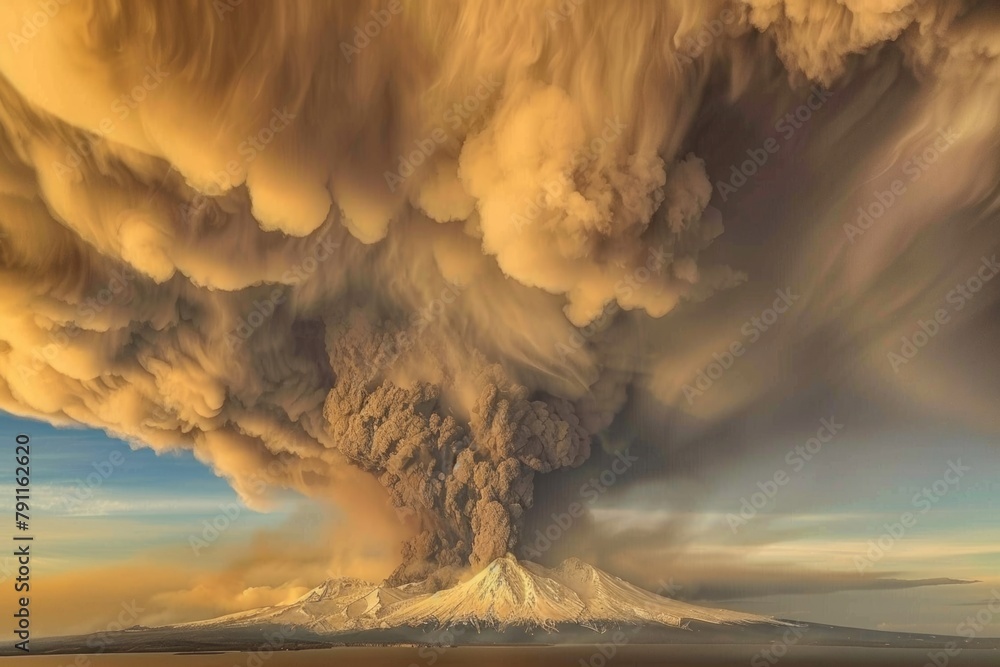 Volcanic eruption volcano erupting with smoke ashes old mountain peak ...