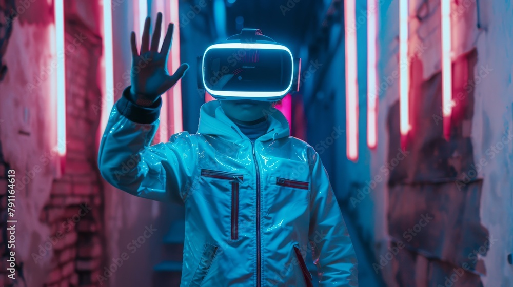 Man with futuristic tablet in hand. Guy using VR glasses. Augmented ...