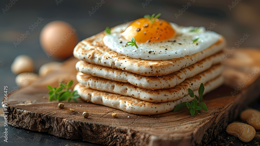 Vibrant painting of a stack of flatbread with an egg on top, featuring ...